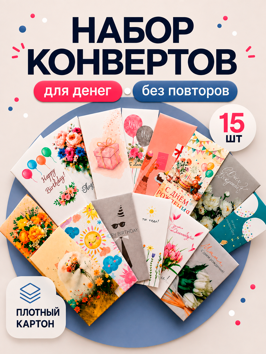 Конверты для денег с днем рождения набор 15 шт, подарочные конверты на день рождения, для праздника