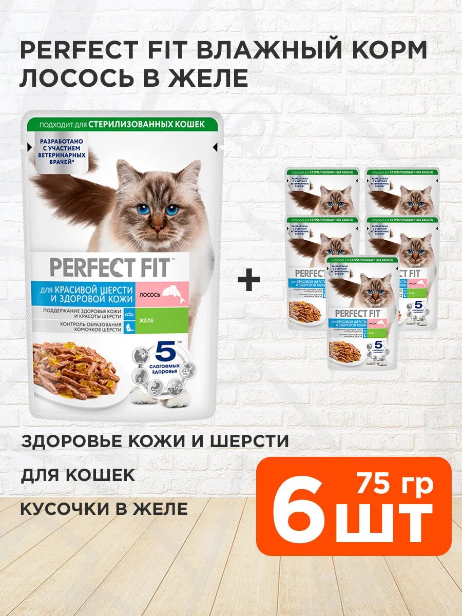 Корм влажный Perfect Fit для взрослых кошек, для красивой шерсти и здоровой кожи, лосось в желе, 75 г 6 шт