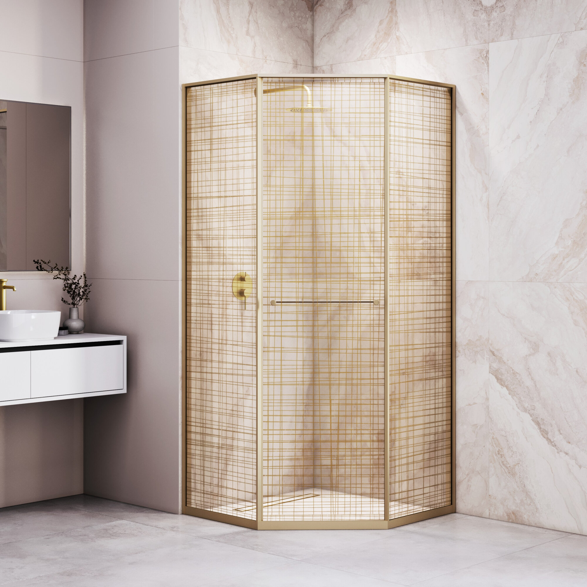 Душевой уголок RGW Nicoletta 80x80, пятиугольная, узорчатое, золото, раздвижные, без поддона в комплекте, левосторонний