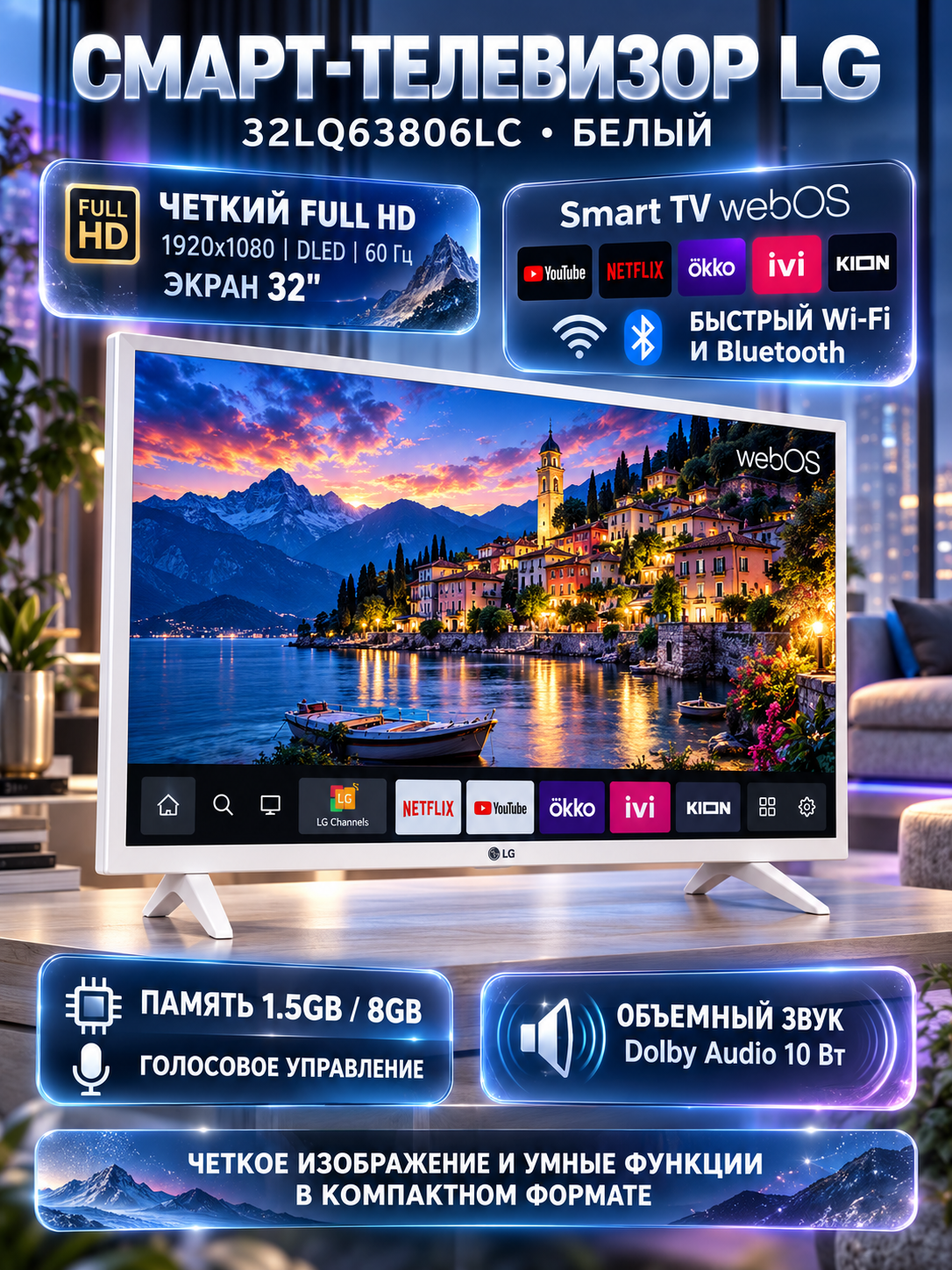 Телевизор LG 32" 32LQ63806LC FULL HD белый смарт ТВ WebOS