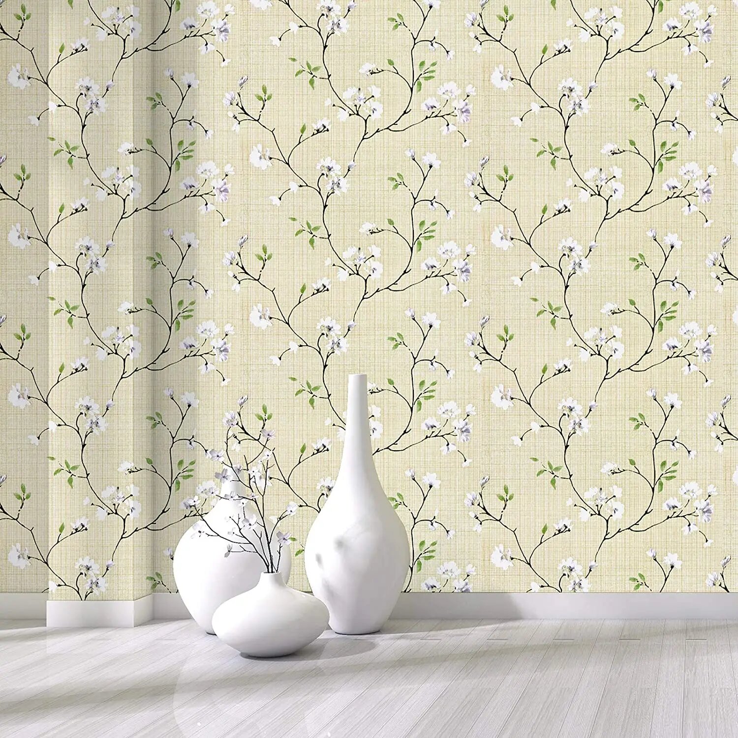 Виниловые обои Meihodan "Plum Blossom", бежевые Green, 3mx45cm
