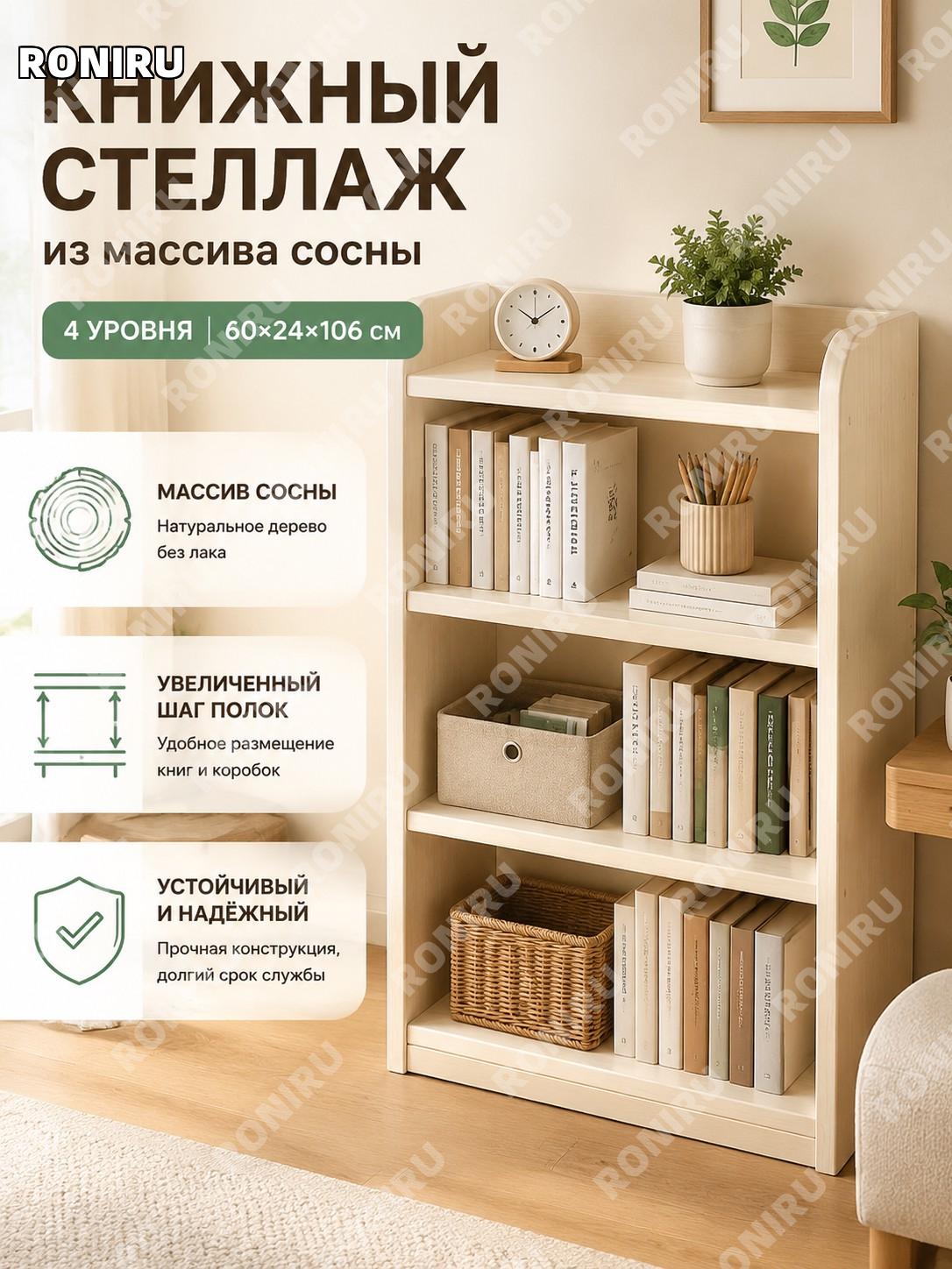 Стеллаж книжный из дерева 60×24 см 4 уровня белый из импортной сосны без краски для дома у стены напольный для книг