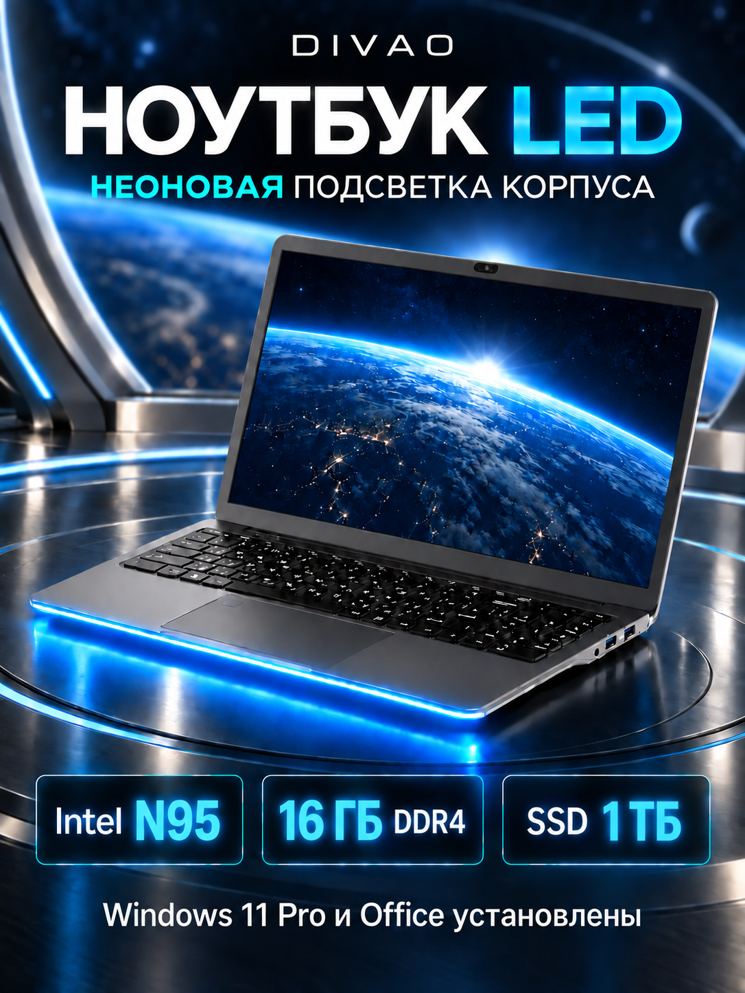 Ноутбук 15,6" Intel N95 DDR4 16Гб SSD 1Тб Windows 11 PRO для работы, учебы, игр с подсветкой корпуса