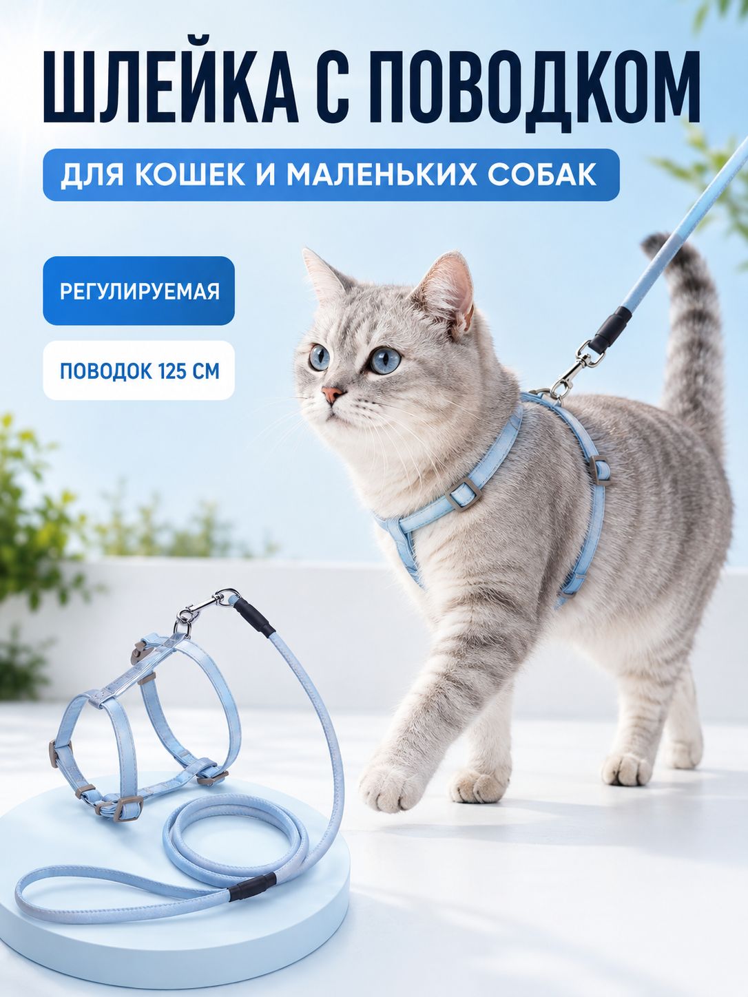 Шлейка для кошек с поводком 125 см, H-образная регулируемая мягкая шлейка для кота и маленьких собак, поводок для кошек и собак