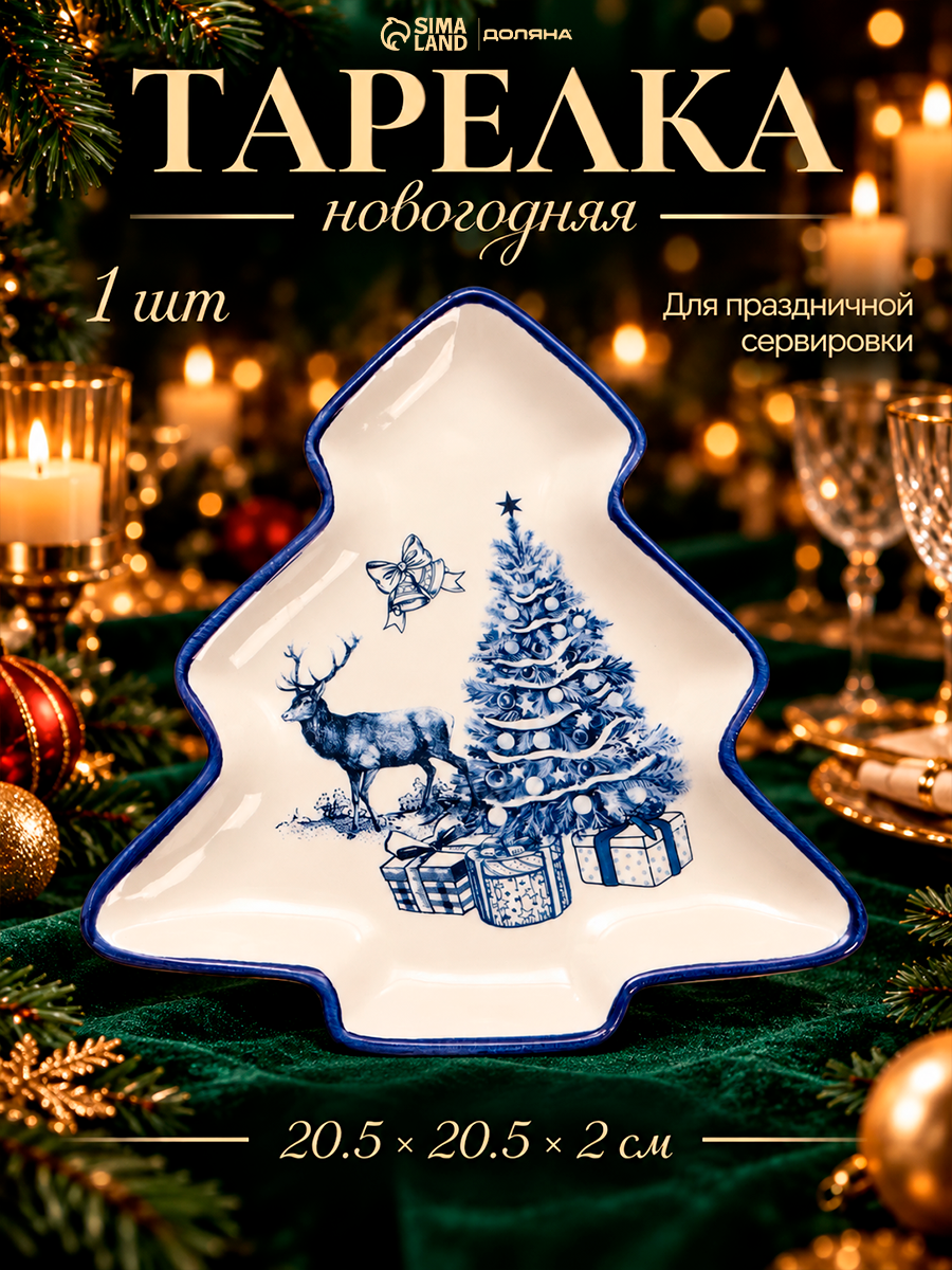 Тарелка Доляна «Новогодний узор», 20.5×20.5×2 см, доломит, белая, синяя