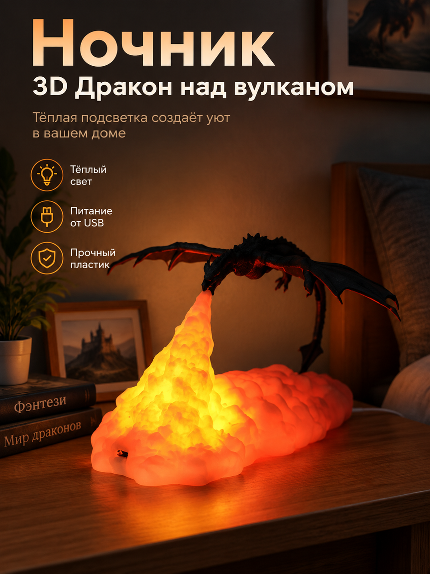 Ночник 3D Дракон над вулканом с тёплой подсветкой, светильник-подарок для дома и спальни