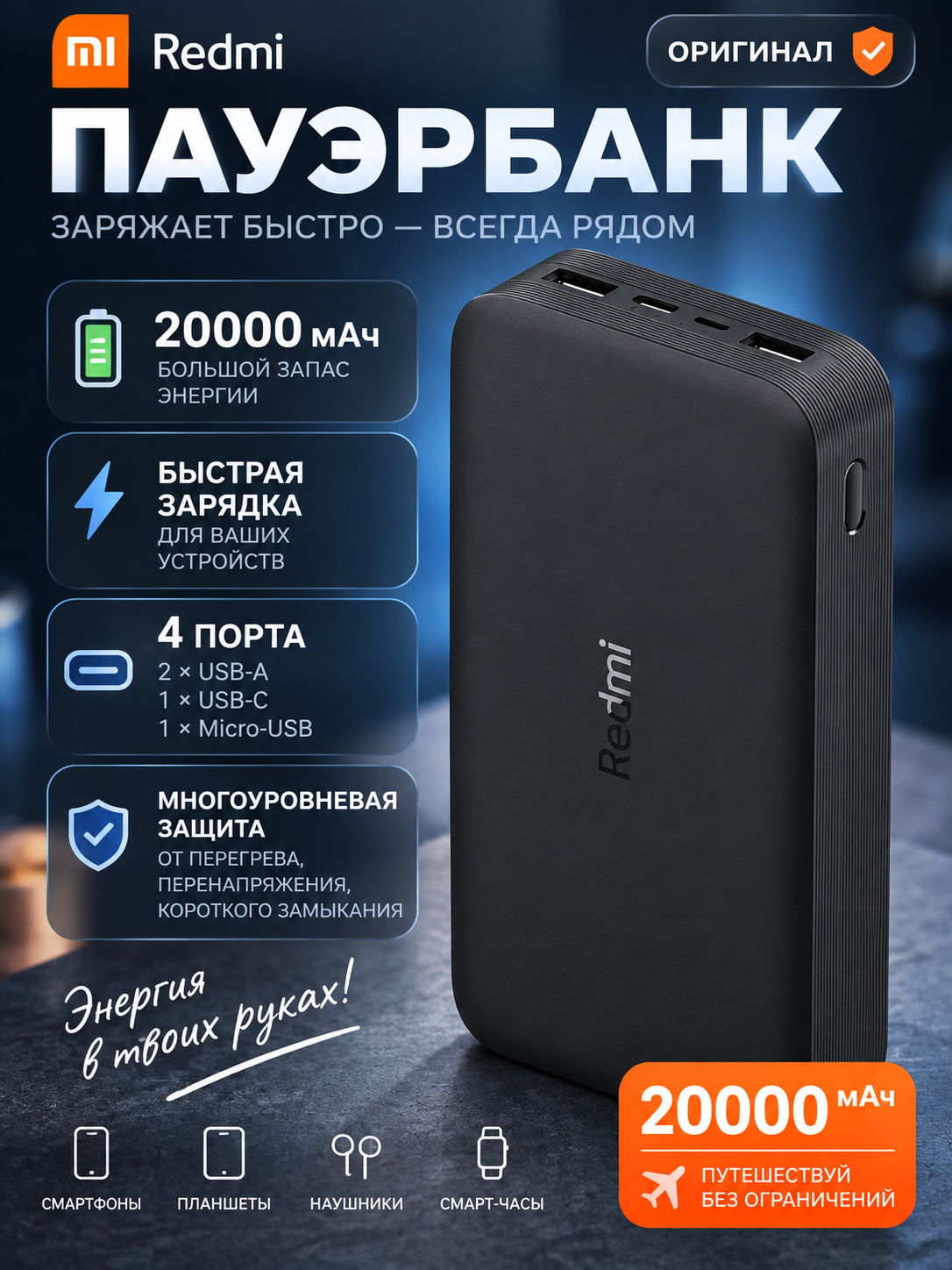Портативный аккумулятор Charge Power Bank, 20000mAh, быстрая зарядка, чёрный