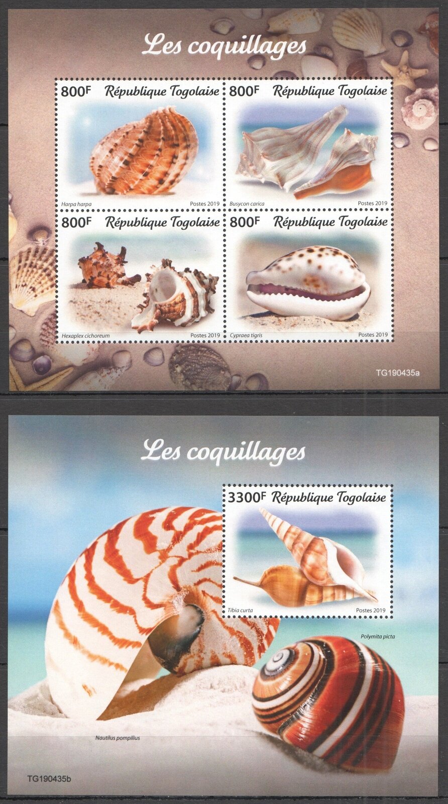 Марки 2019 год Того Морские раковины Морская жизнь Фауна #7422-7425+Bl1708 Mnh