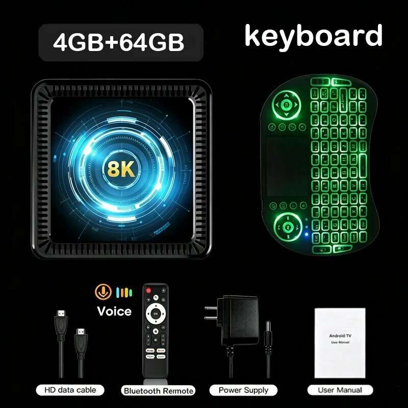 YOZHIXU Android 16 Smart TV Box Q19 8ГБ+256ГБ 100V-240V EU Plug, 4G 64G Keyboard