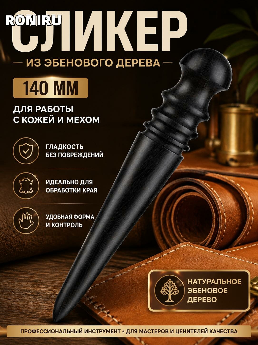 Сликер из эбенового дерева 140 мм для работы с кожей и мехом — гладилка для разглаживания и формовки изделий.