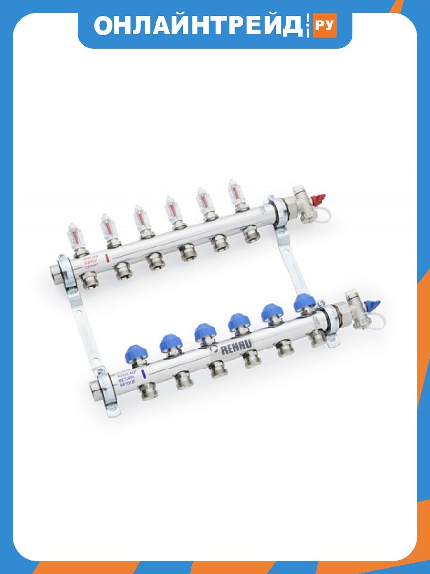 Коллектор Rehau 1", HKV-D 4, выход-3/4" ЕК, PN, бар-6, T°C +70, с шаровыми кранами и расходомерами, нержавеющая сталь