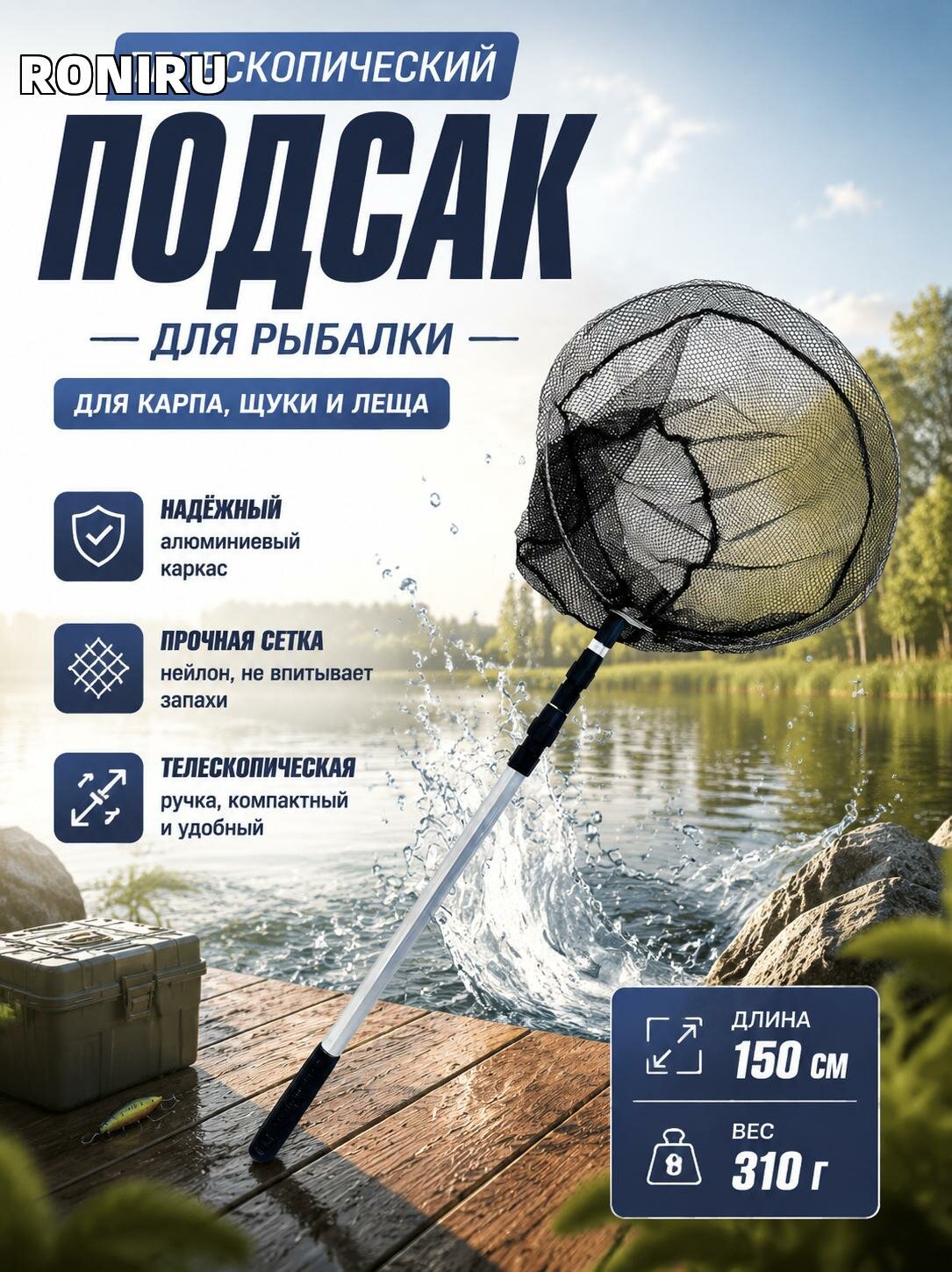 Телескопический подсак для рыбалки с алюминиевым каркасом и нейлоновой сеткой для карпа, щуки и леща, компактный