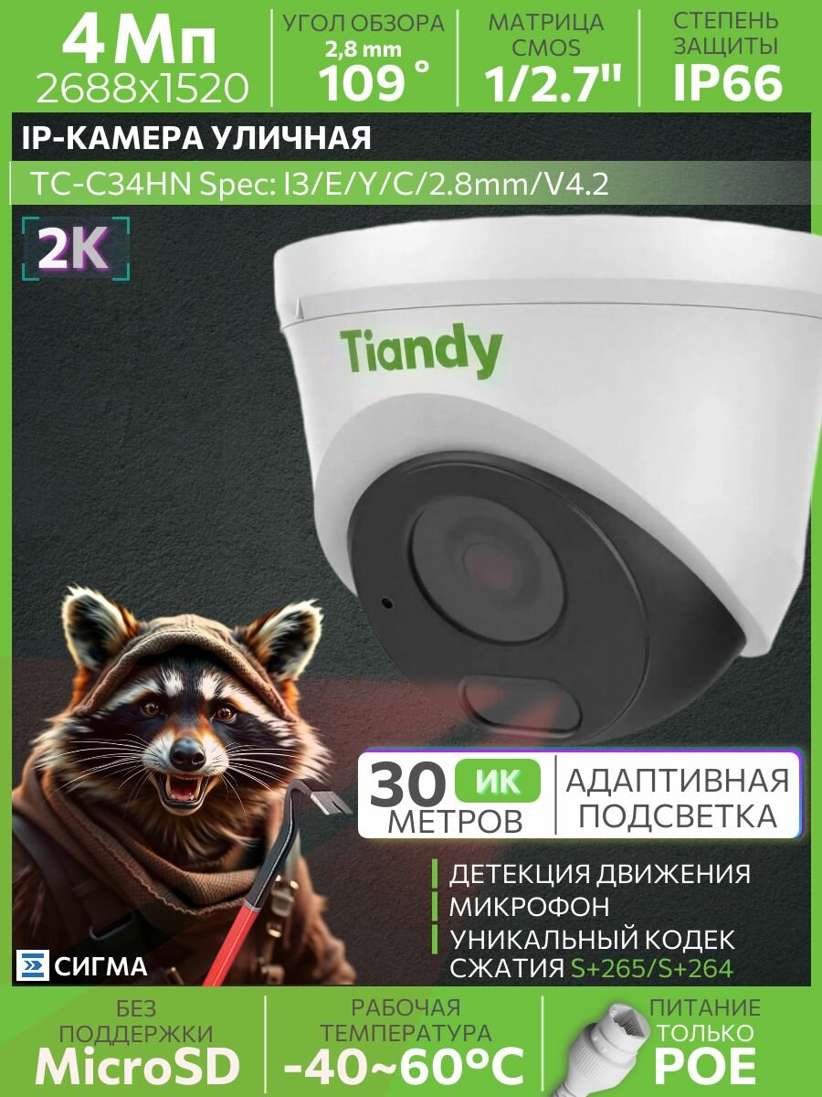 IP-камера видеонаблюдения Tiandy TC-C34HN I3/E/Y/C/2.8mm/V4.2 4Мп ИК до 30м CMOS PoE микрофон