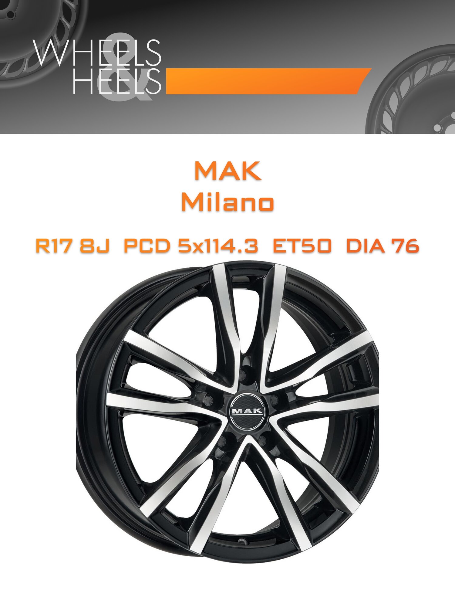 Диск автомобильный литой MAK Milano 17x8 5x114.3 et50 dia76 Чёрный глянцевый с полированной лицевой частью
