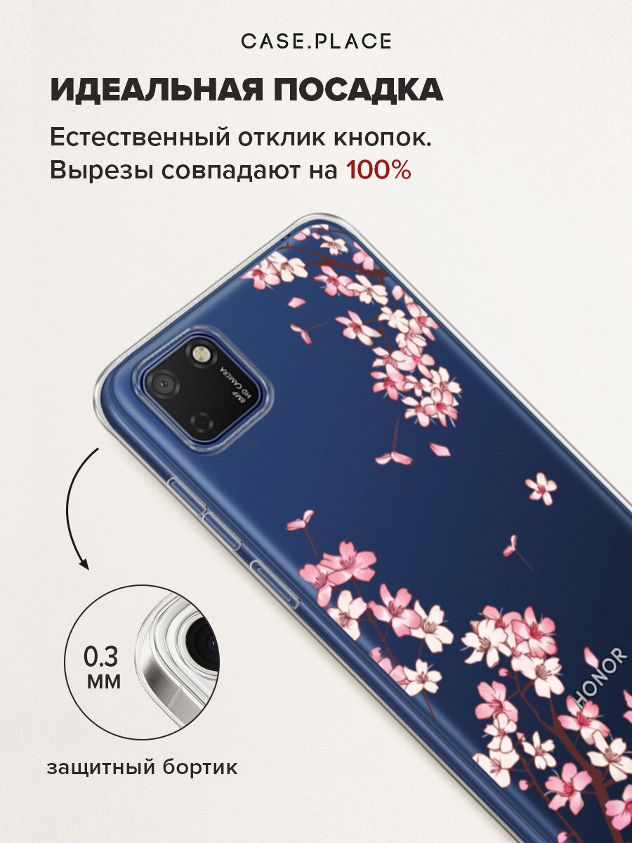 Чехол на Honor 9S/Huawei Y5p / Хонор 9S/Хуавей Y5p с принтом "Ветви сакуры 1", прозрачный — фото 1