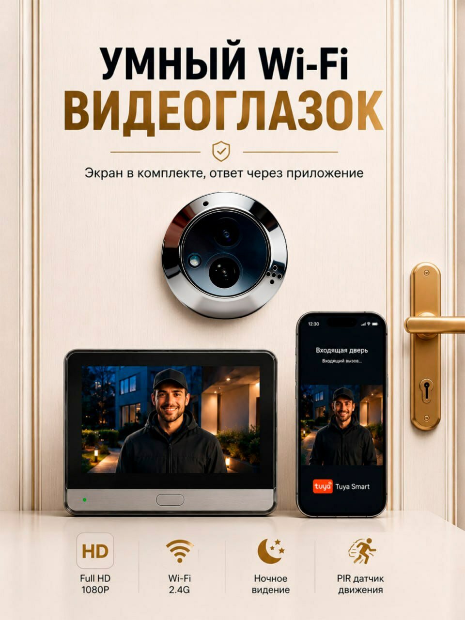 Видеоглазок для входной двери WiFi с записью и датчиком движения
