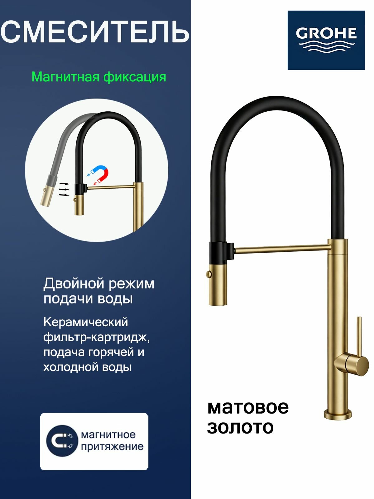 Кухонный смеситель GROHE магнитный выдвижной, два режима воды, керамический картридж