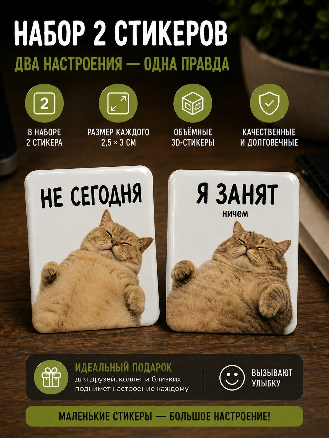 Набор 3D стикеров с котом "Не сегодня" и "Я занят ничем", наклейки на телефон, ноутбук, 2 шт