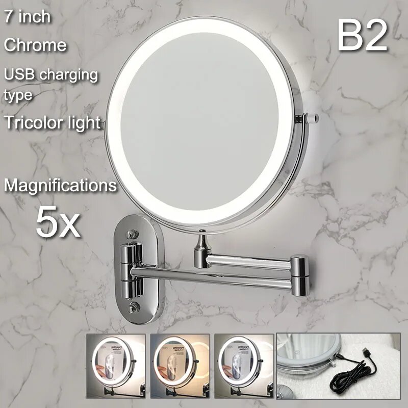 Зеркало для макияжа 7 дюймов, 5x, Tricolor light, Chrome, B2