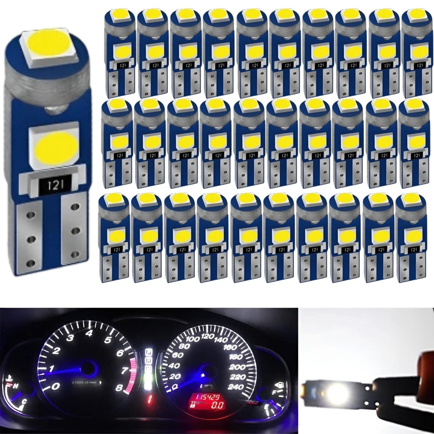 30 шт. Белые (Xenon White) LED лампы T5 37 74 2721 PC74 PC37 на 12 В, сверхяркие 3030 чипы, для салона, приборной панели, индикаторов, без батареи