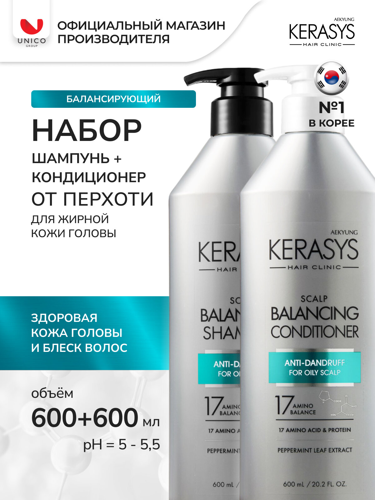 Kerasys лечебный Набор против перхоти для нормальной и жирной кожи головы 600 мл + 600 мл, Корея