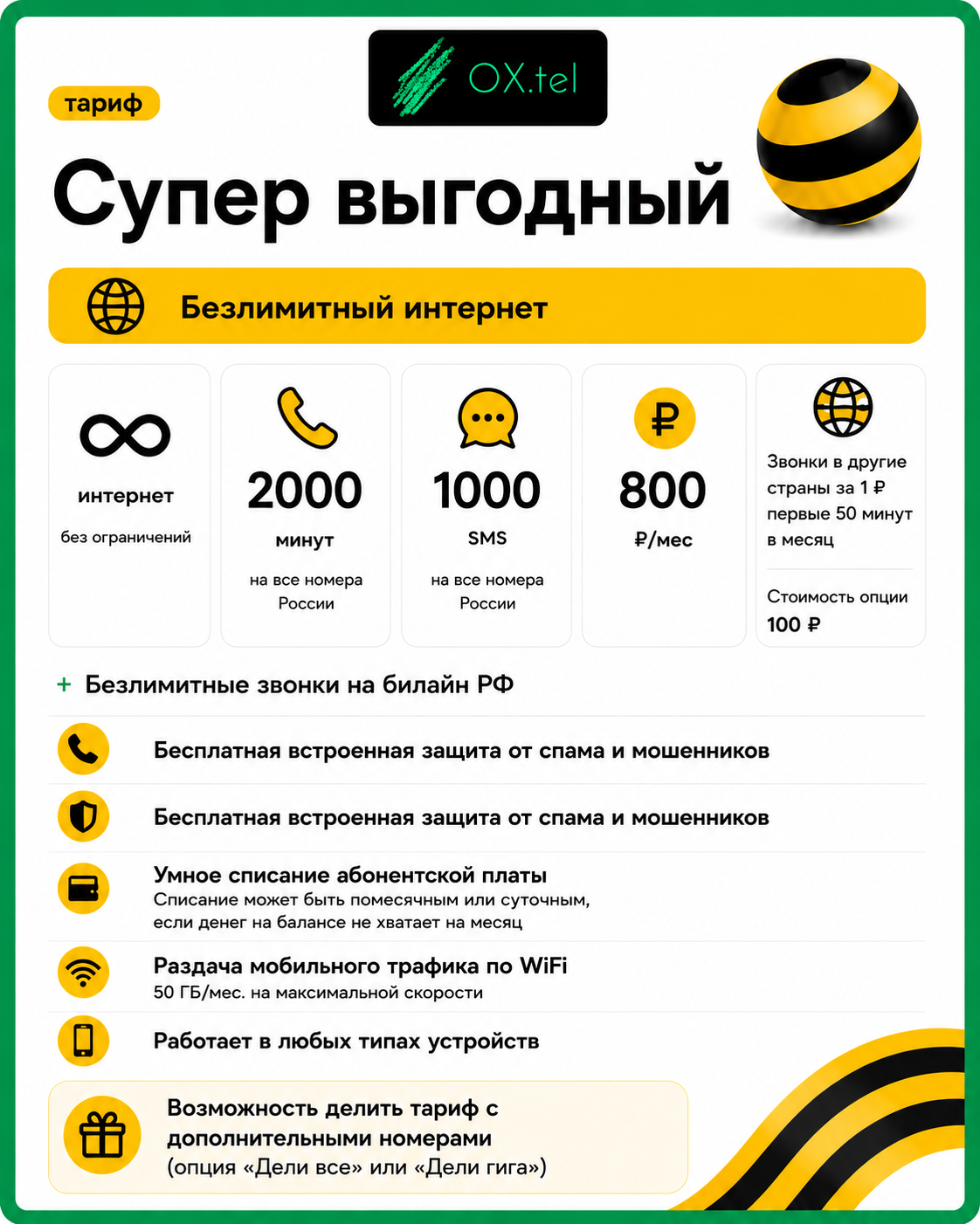 Сим-карта Билайн "Супер Выгодный", Безлимитный интернет, 2000 мин, 1000 смс за 800 руб все регионы РФ
