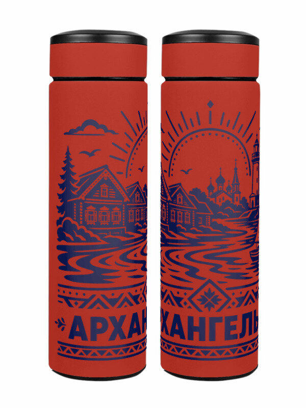 Термос «Архангельск Россия яхта, парусник, маяк, пейзаж» (красный)