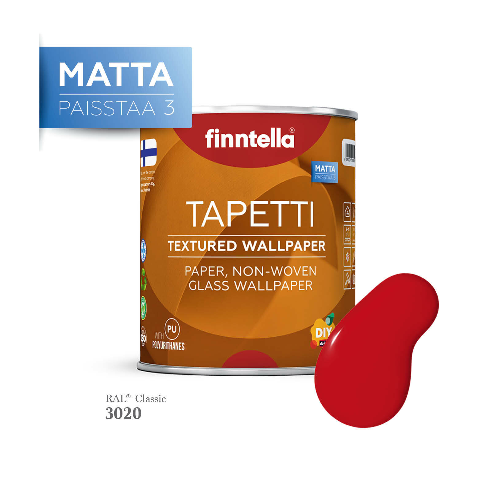 Матовая краска для обоев под окраску TAPETTI Matta FINNTELLA, Цвет RAL 3020 Транспортный красный (Traffic red), 0,9л