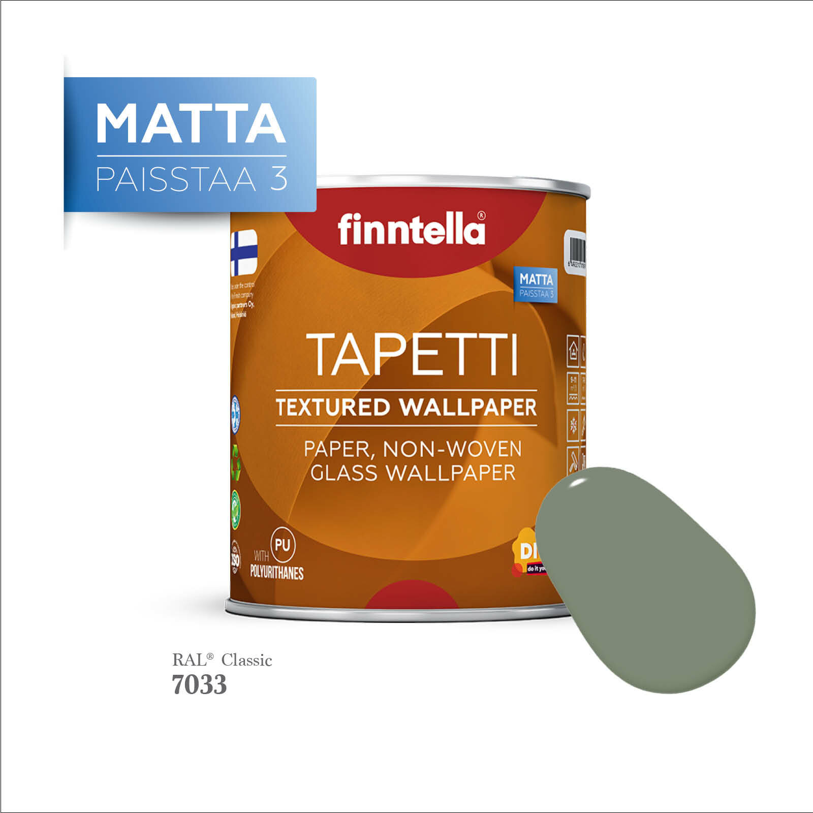 Матовая краска для обоев под окраску TAPETTI Matta FINNTELLA, Цвет RAL 7033 Цементно-серый (Cement grey), 0,9л