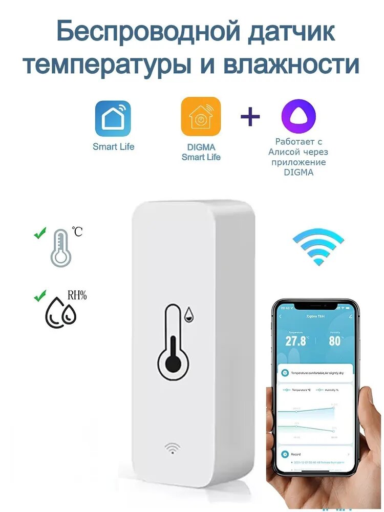 Wi-Fi датчик температуры и влажности Tuya / Smart Life, комнатный гигрометр, термометр, метеостанция.