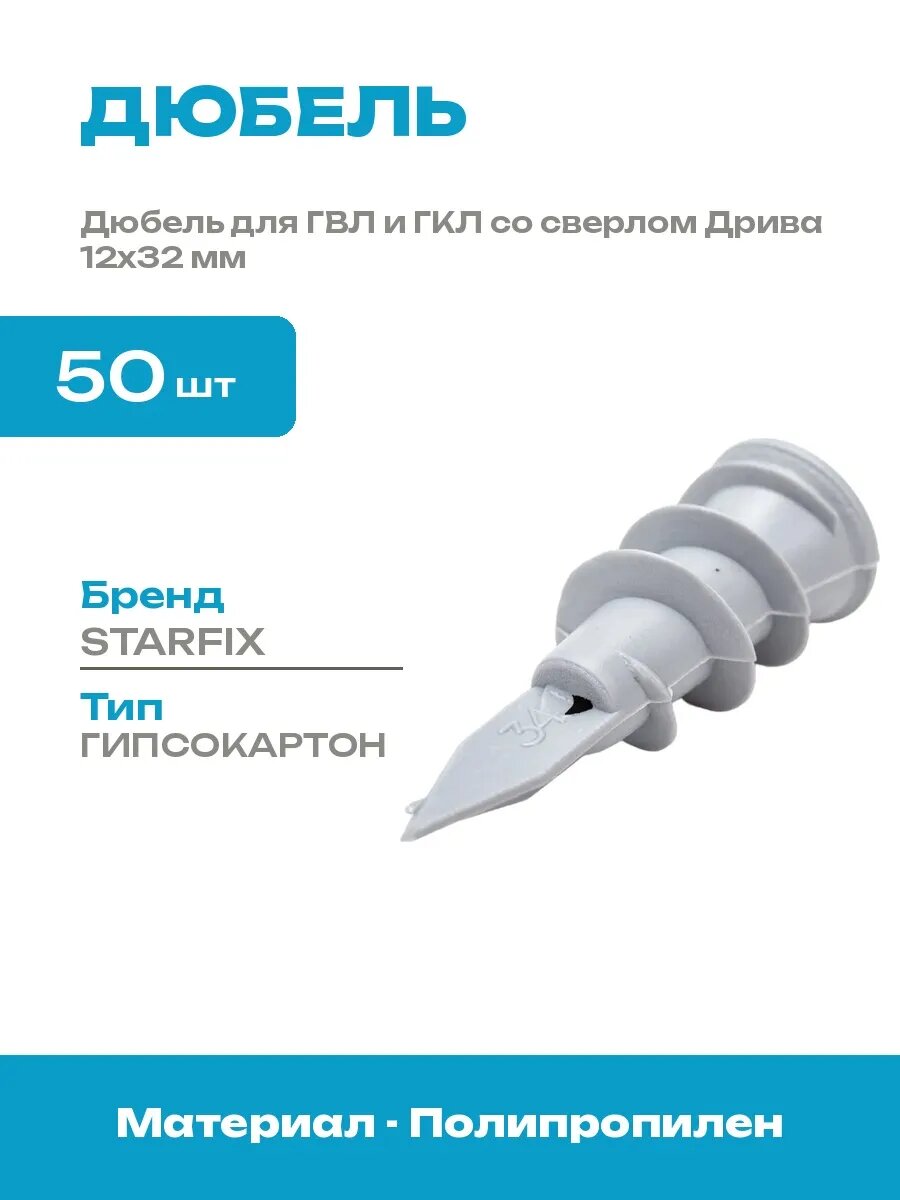 Дюбель Дрива полипропилен 12x32 мм для гипсокартона 50 шт