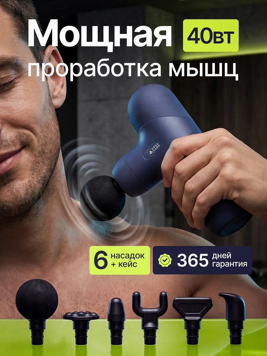 Перкуссионный массажер для тела AsiaCare, вибромассажер, синий, 6 насадок