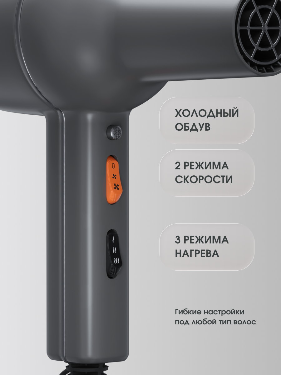 Профессиональный фен ONOF HD-01gr, 2400Вт, ионизация, 3 насадки — фото 1