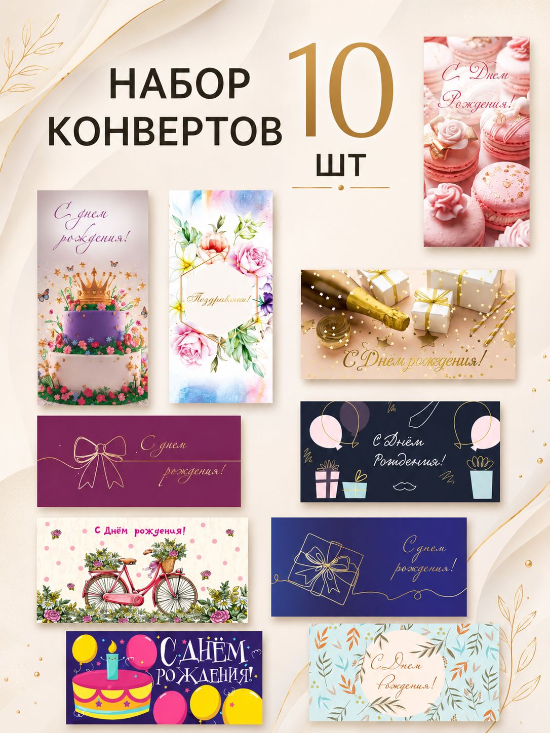 Набор конвертов для денег , 10 шт, в подарок на день рождения, юбилей, открытка