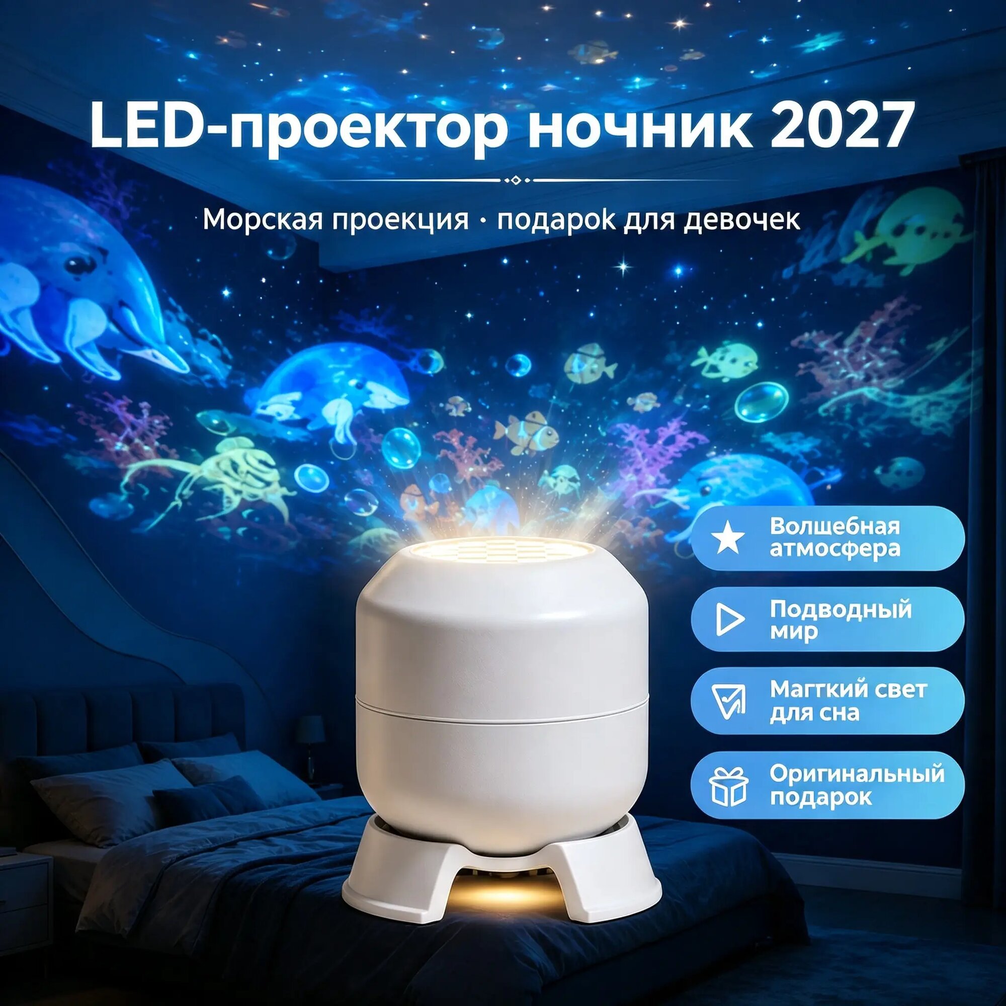Светодиодный ночник-проектор с эффектом морского океана, синий цвет волн, мощность 3 Вт, работа от аккумулятора и USB, пластиковый корпус для детской