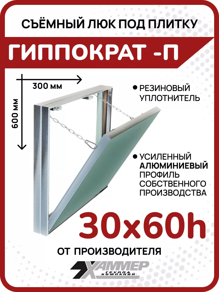 Люк под плитку Хаммер Гиппократ-П 30х60 (ШхВ), зацепы на стороне 30, откидной, со съемной дверцей