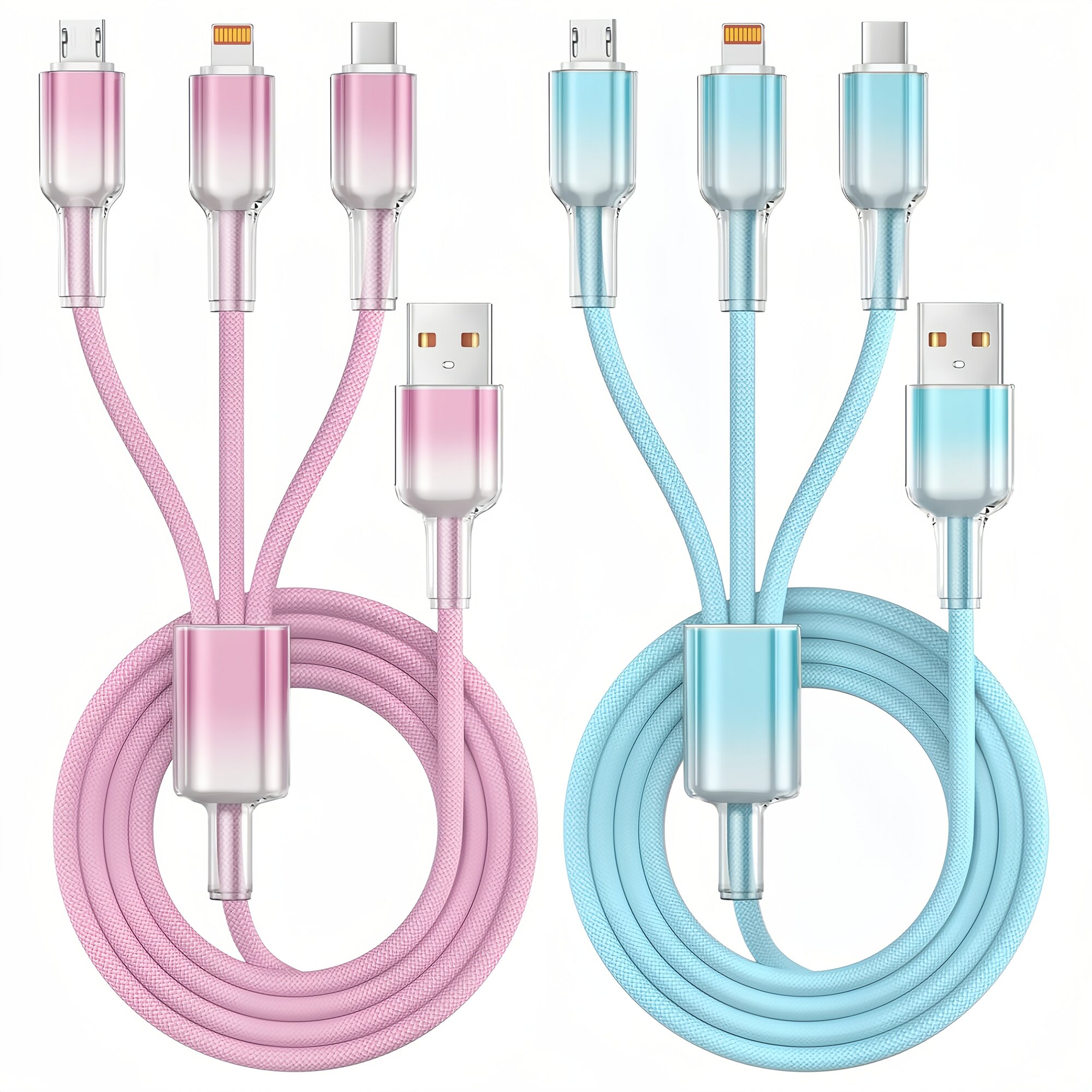 Кабель зарядный 3-в-1 USB Type-C в нейлоновой оплетке, градиентный дизайн, для смартфонов и планшетов, комплект из 2 шт, розово-синий