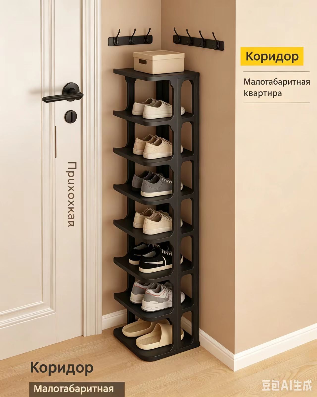 Обувница угловая двухъярусная BCS, чёрный пластик, компактная для прихожей,26х103 см — фото 1