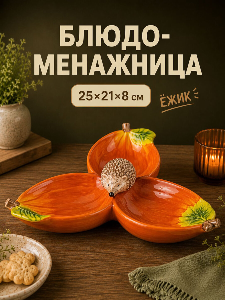 Менажница, блюдо 3 секции 25х21х8 см Elan Gallery Ежики цельная, керамика