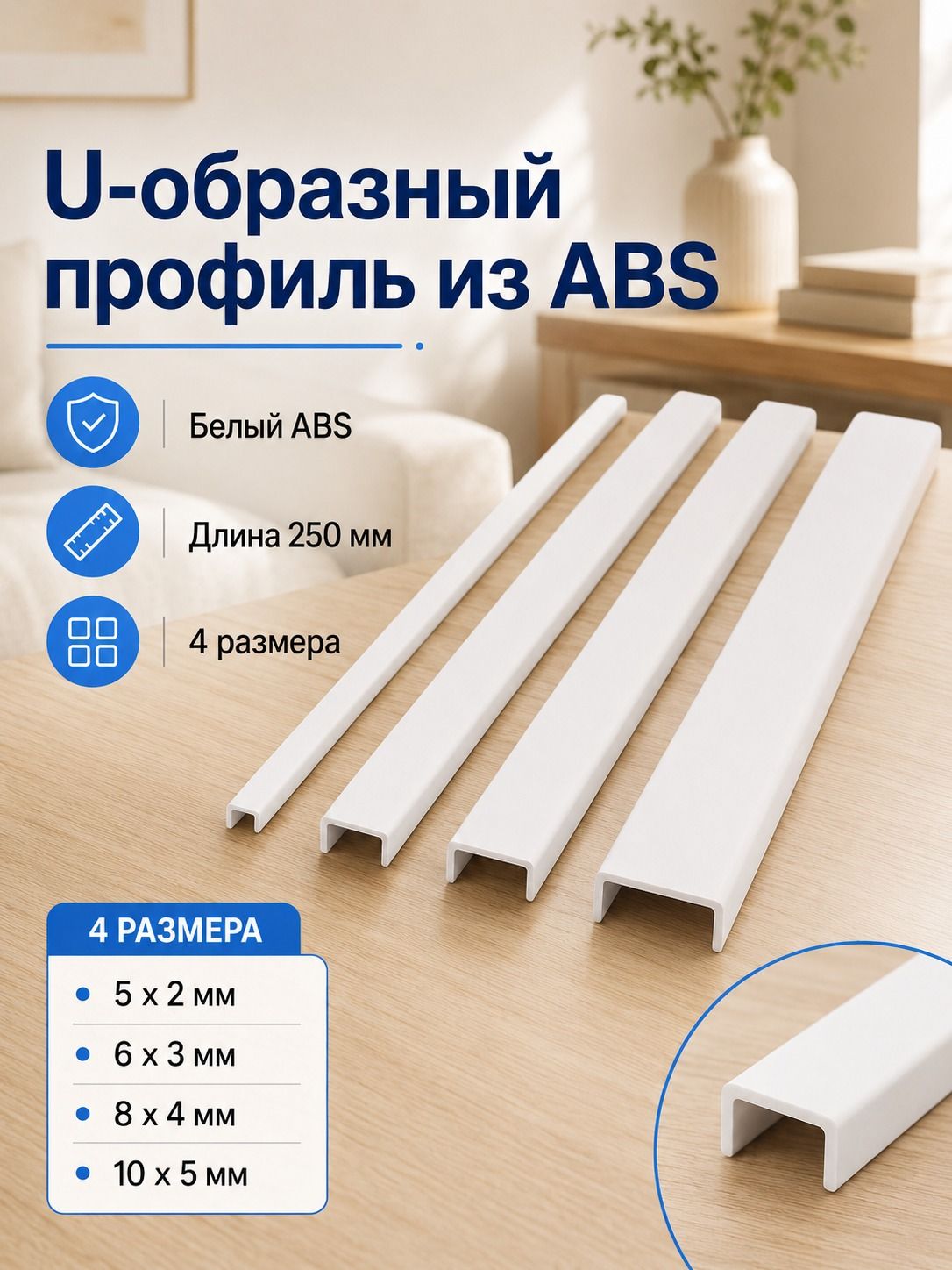 U-образный ABS-профиль 8 x 4 x 250 мм, для макетов и прокладки кабеля