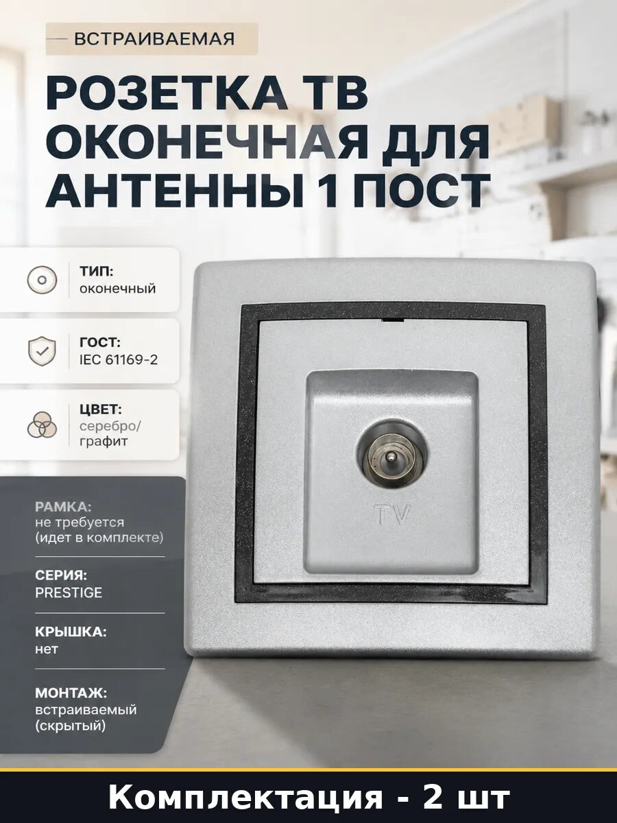 Телевизионная розетка оконечная, встраиваемый скрытый монтаж, цвет графит, винтовое подключение, 2 шт
