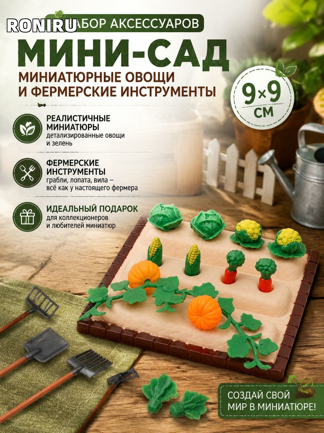 Миниатюрные овощи и фермерские инструменты мини-садика, набор смоляных аксессуаров 9x9 см, подарок коллекционеру