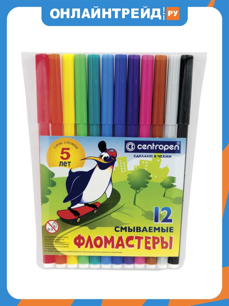 Фломастеры Centropen 12 цветов "Пингвины", смываемые, вентилируемый колпачок, 7790/12ET, 7 7790 1286