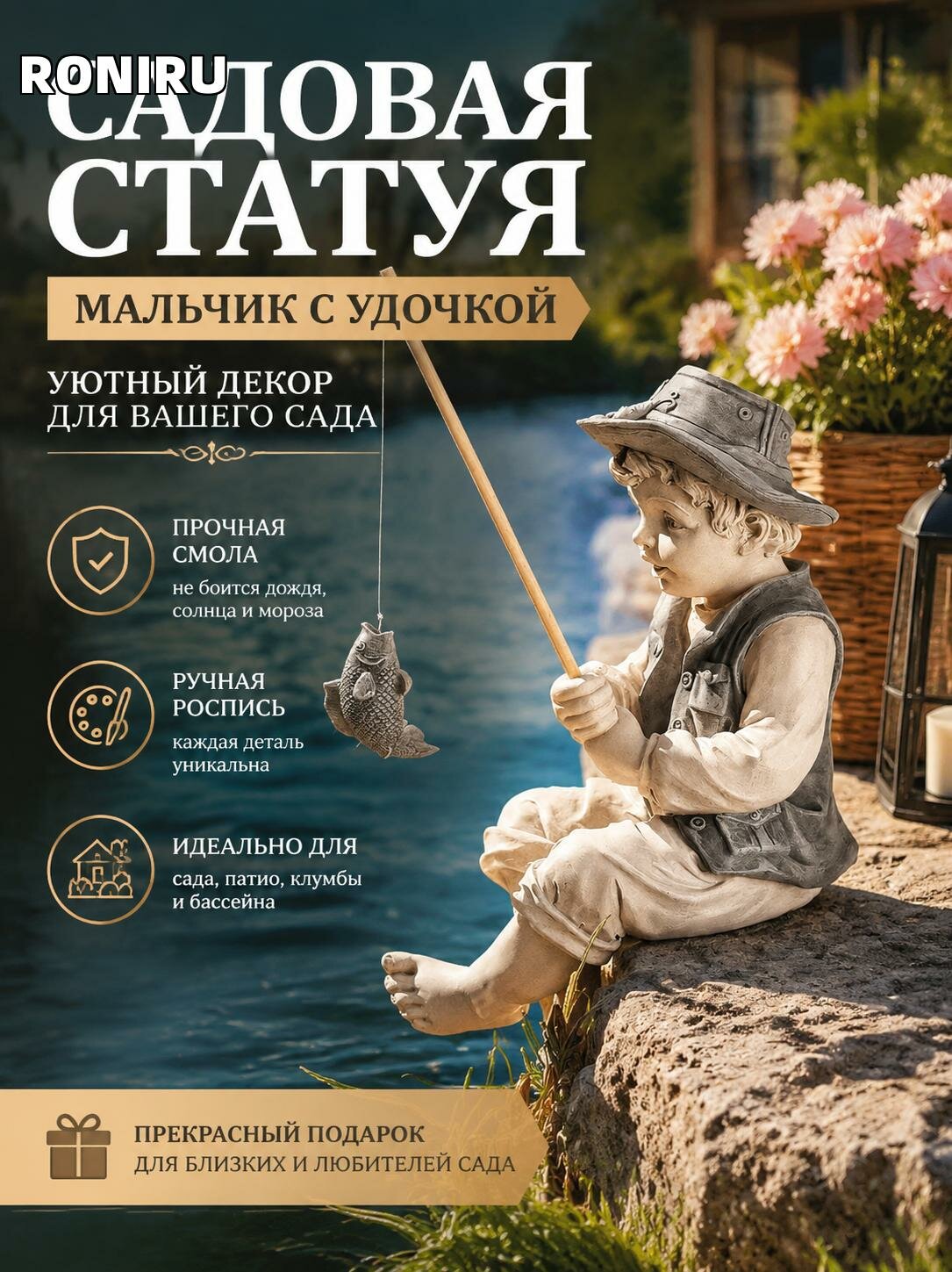 Садовая статуя мальчика с удочкой из прочной смолы — декор для сада, патио, клумбы и бассейна с ручной росписью