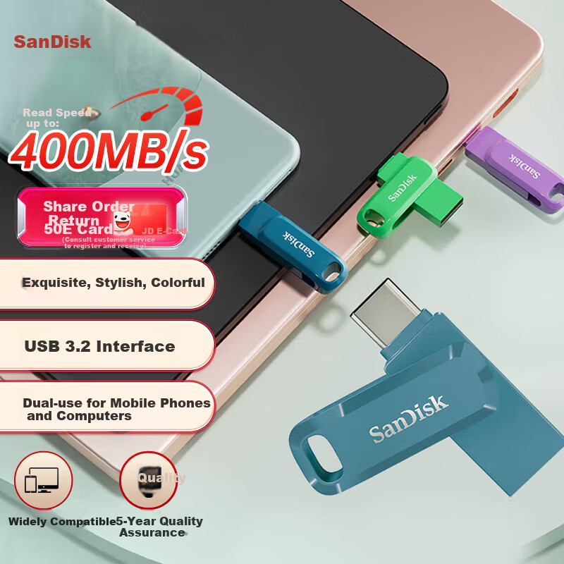 SanDisk 1TB Type-C USB3.2 Двухинтерфейсный SSD-накопитель синий 400 МБ/с скорость чтения автозапись для смартфонов и ПК