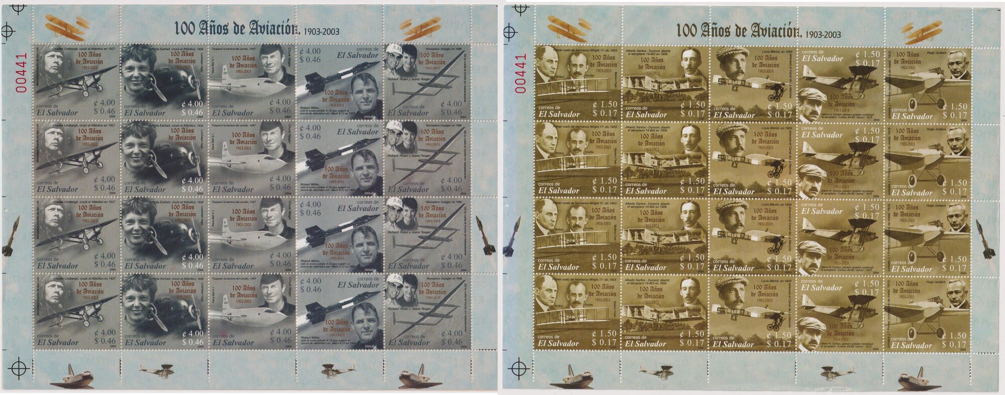 Почтовые марки Сальвадор 2004г. "100-летие механического полета - пионеры авиации" Авиация, Самолеты, Летчики MNH