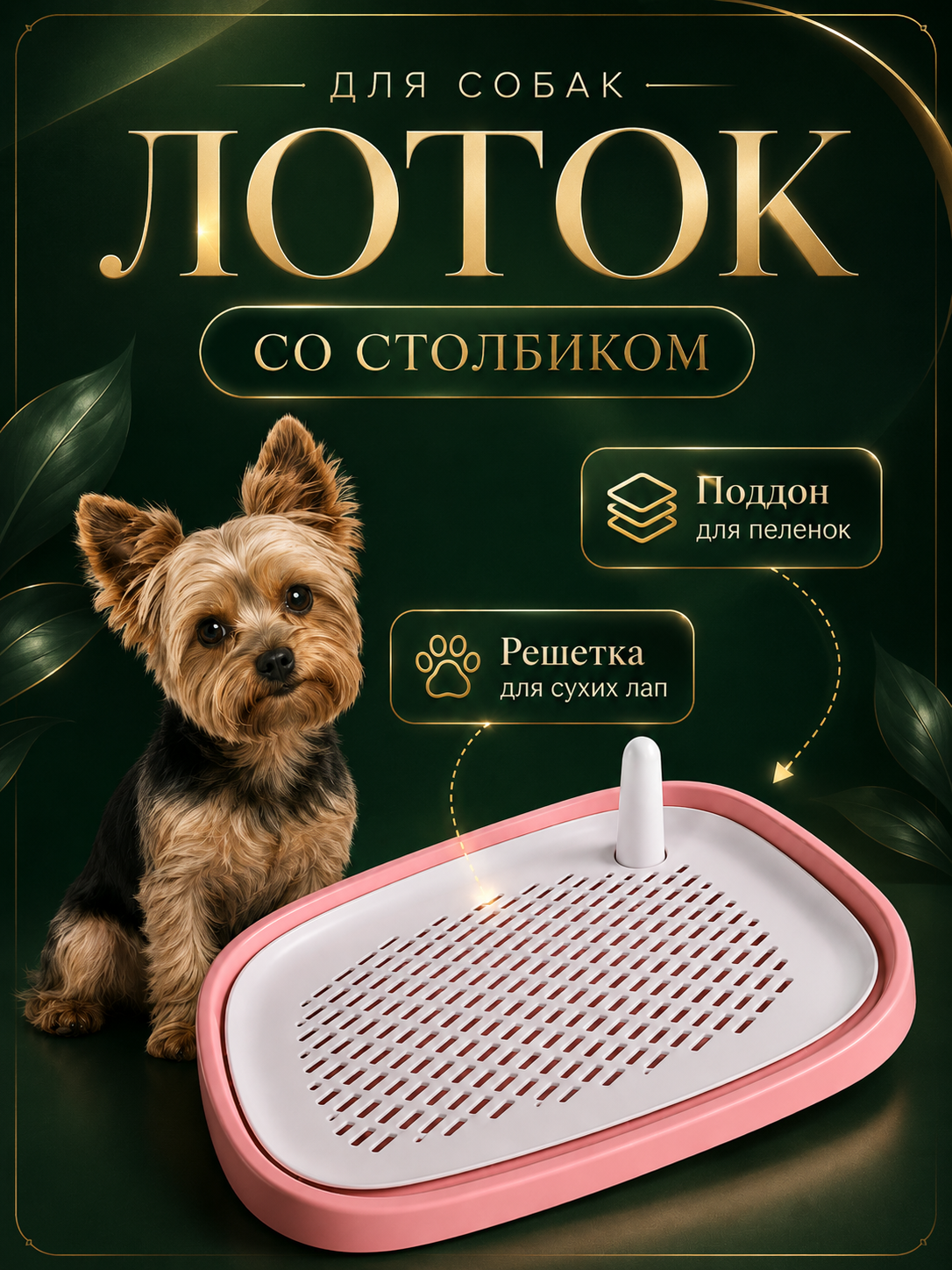 Лоток с сеткой для собак, Туалет со столбиком под пеленку для собак малых и средних пород, Розовый