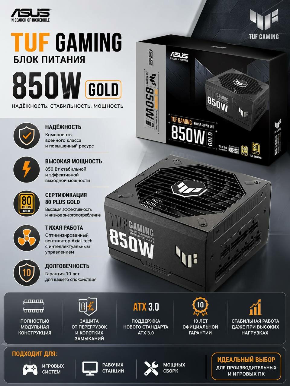 Блок питания ASUS "TUF Gaming", 850Вт, 80 Plus Gold, 135мм вентилятор, черный