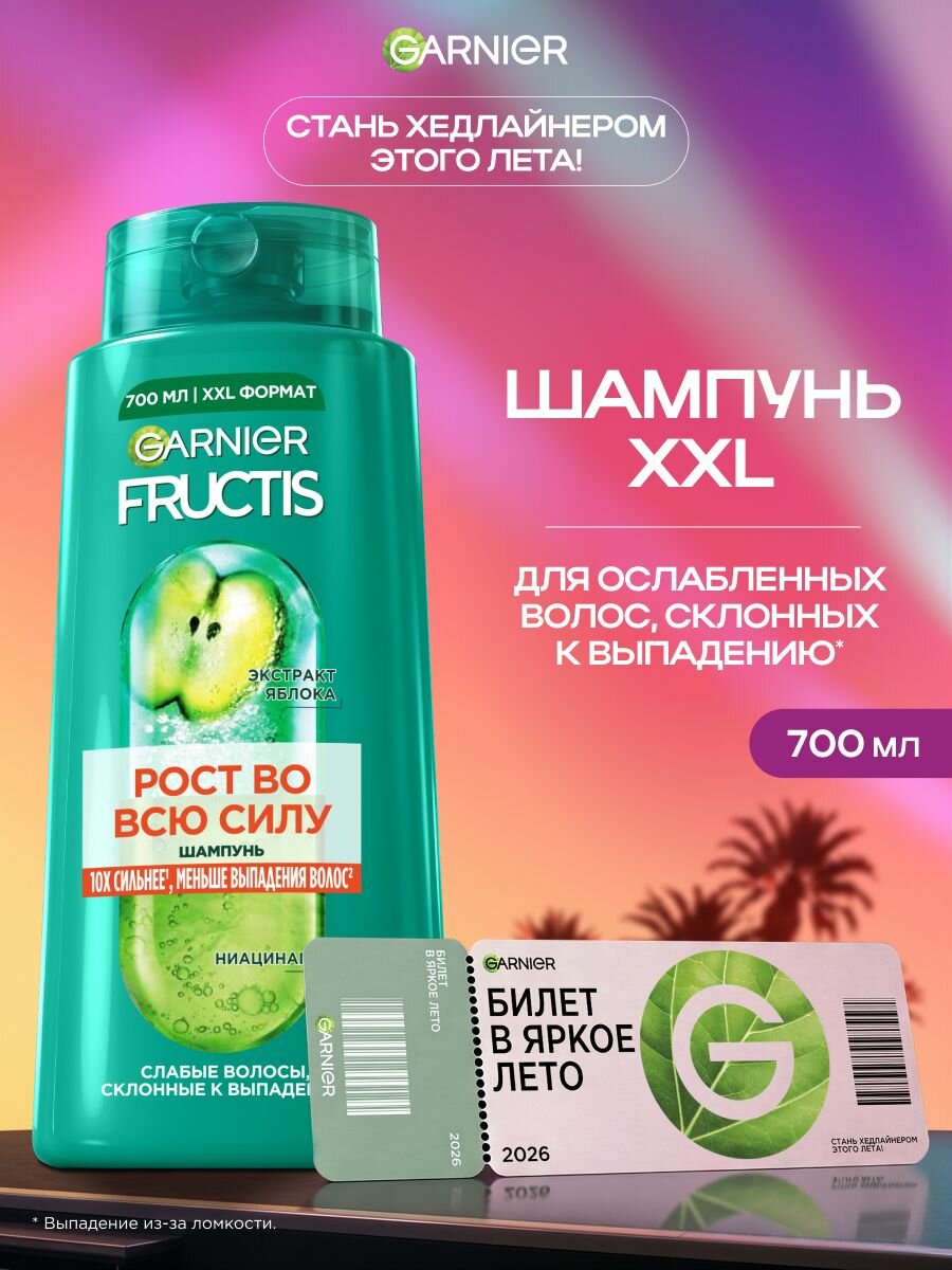Garnier Fructis Укрепляющий шампунь "Фруктис Рост во всю Силу", для ослабленных волос, склонных к выпадению, 700 мл против выпадения для укрепления волос