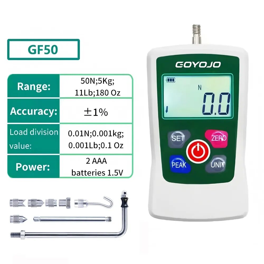 Цифровой динамометр GF50 с подсветкой, 50Н/5кг/11lb/180oz, точность1%, 3 режима, для растяжения и сжатия, контроль качества и испытания материалов